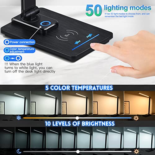 JOSTIC Led Desk lamp with Fast Wireless Charger, Night Lighting, USB Charging Port, 10 Brightness 5 Color, Natural Light Eye Caring Reading Lamp, Desk Light for Home Office, Bedside Table Lamp, Black