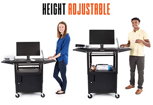Line Leader AV Cart with Locking Cabinet and Drop Leaves | Height Adjustable Utility Cart with Extra Storage | Power Strip and Cord Management | Great for Presentations (Black / 46 x 18)