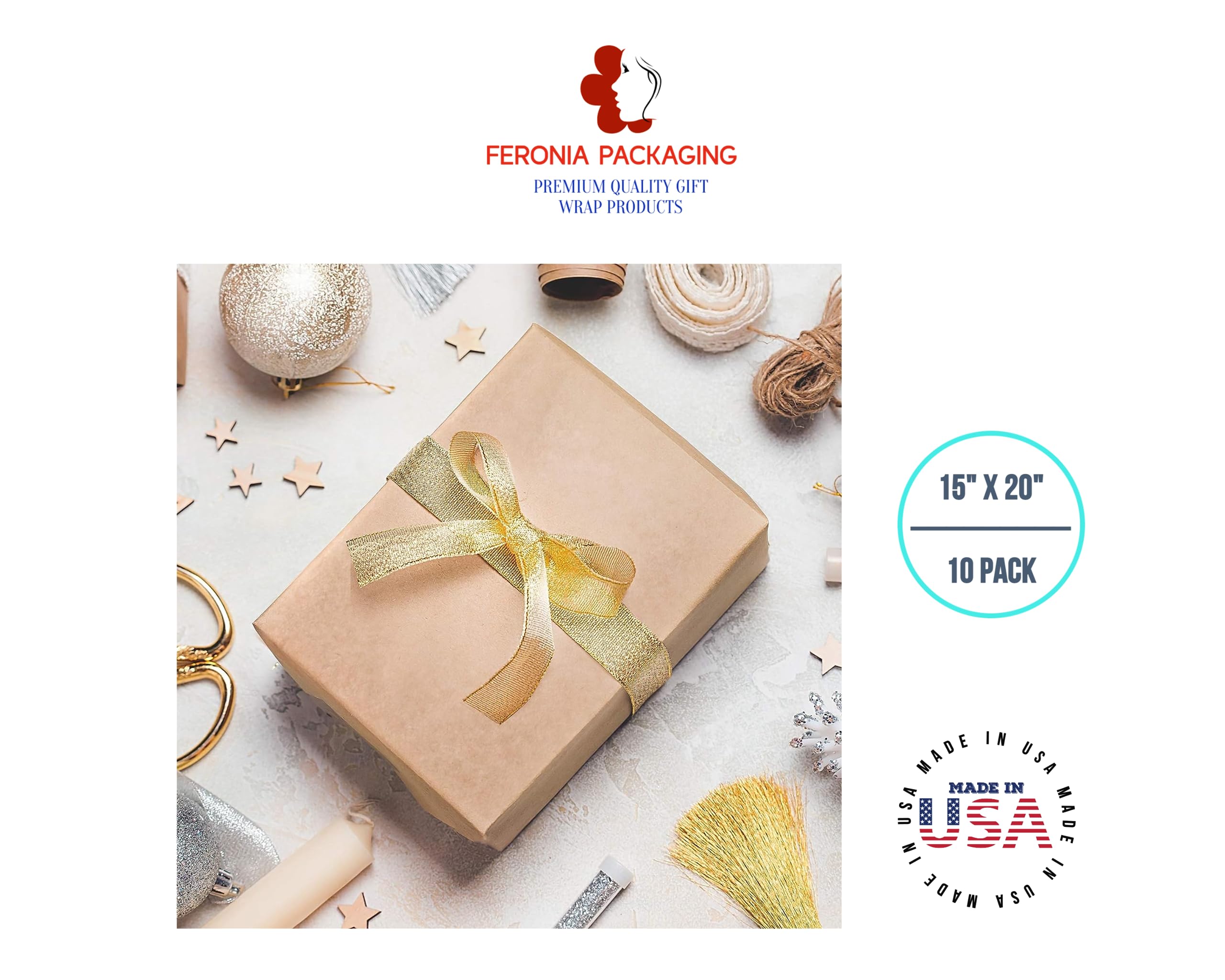 Gift Wrap Tissue Paper 10 Sheets, Premium Gift Wrap and Art Supplies for Birthdays, Holidays, or Presents by Feronia packaging, Large 15 Inch x 20 Inch Made in USA (Solid Kraft)