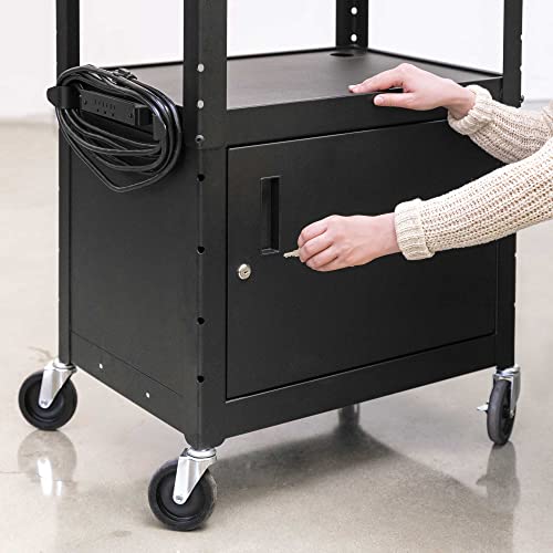 Line Leader AV Cart with Locking Cabinet and Drop Leaves | Height Adjustable Utility Cart with Extra Storage | Power Strip and Cord Management | Great for Presentations (Black / 46 x 18)