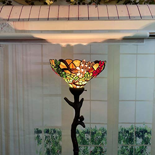 Bieye L10768 Grape Tiffany Style Stained Glass Torchiere Floor Lamp with 14 inches Lampshade, Bird on Branch Base, 70.5 inches Tall