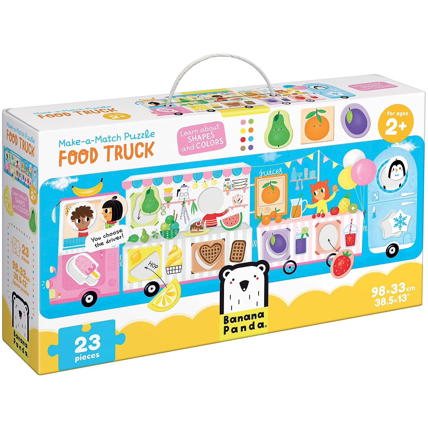 Banana Panda Make-a-Match Food Truck Puzzle with Matching Activity - Large 23-Piece Panoramic Floor Puzzle Over 3 Feet Wide - Pieces Include Basic Shapes to Match, for Kids Ages 2 Years and up