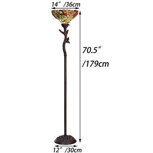Bieye L10768 Grape Tiffany Style Stained Glass Torchiere Floor Lamp with 14 inches Lampshade, Bird on Branch Base, 70.5 inches Tall