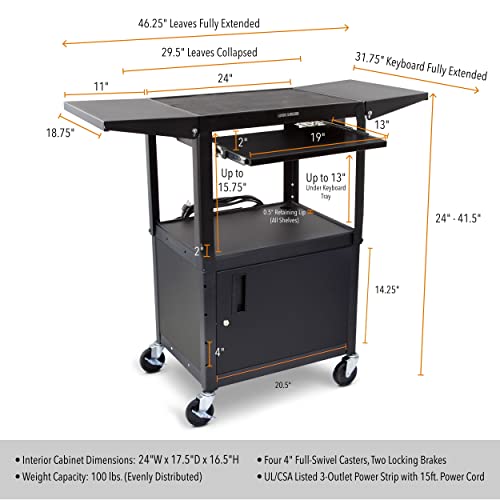 Line Leader AV Cart with Locking Cabinet and Drop Leaves | Height Adjustable Utility Cart with Extra Storage | Power Strip and Cord Management | Great for Presentations (Black / 46 x 18)