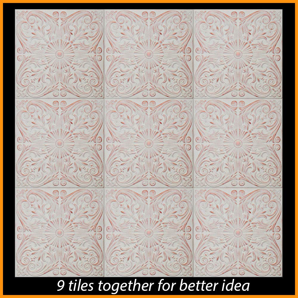 R39A White Satin Washed Copper 20x20 Amazing Styrofoam Tin Look Ceiling Tiles Easy to Glue Up On Any Type of Surface