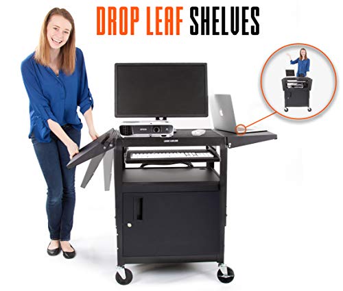 Line Leader AV Cart with Locking Cabinet and Drop Leaves | Height Adjustable Utility Cart with Extra Storage | Power Strip and Cord Management | Great for Presentations (Black / 46 x 18)