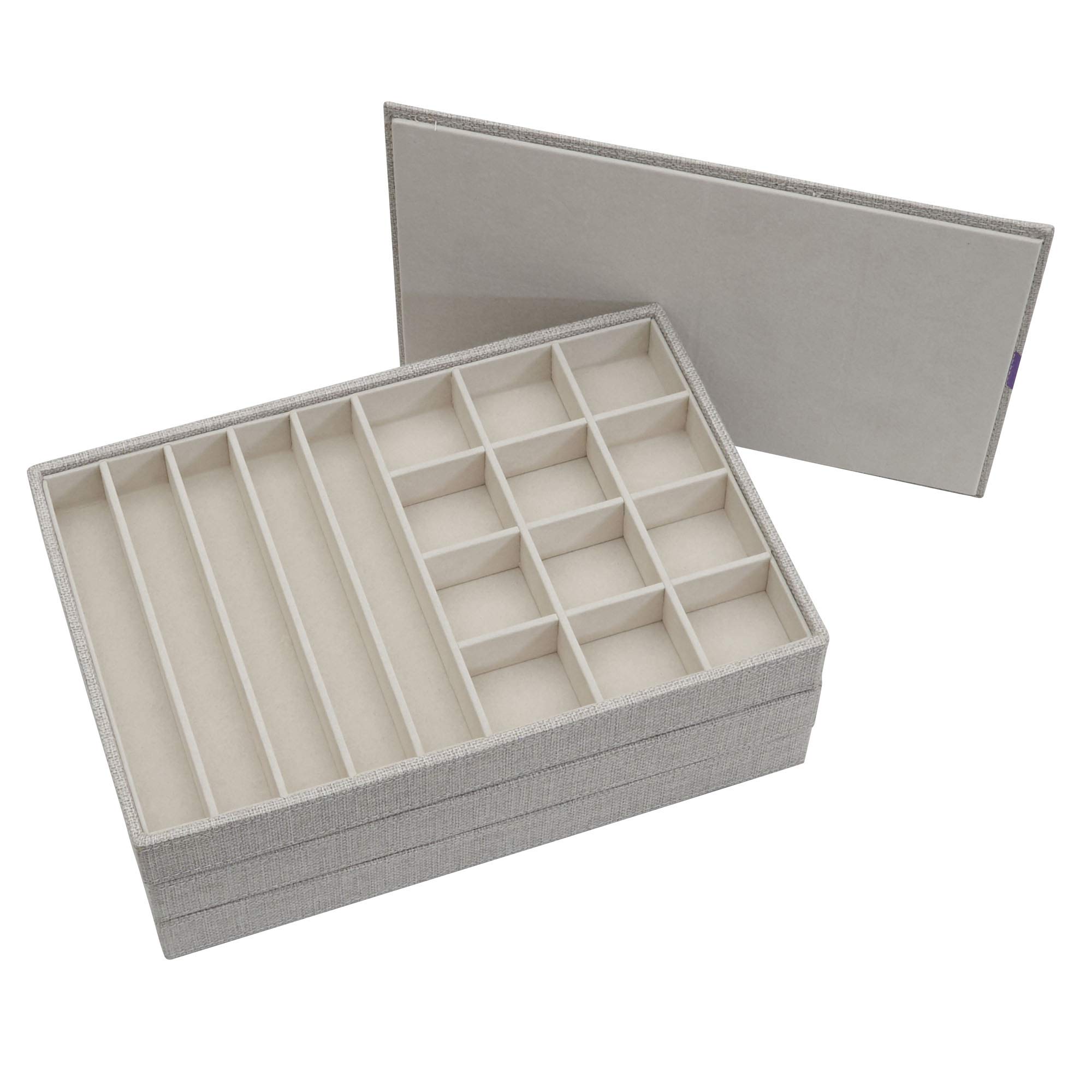 Household Essentials Grey Stacking Jewelry Organizer Box Tray Set with Removable Lid Fabric (744-1)