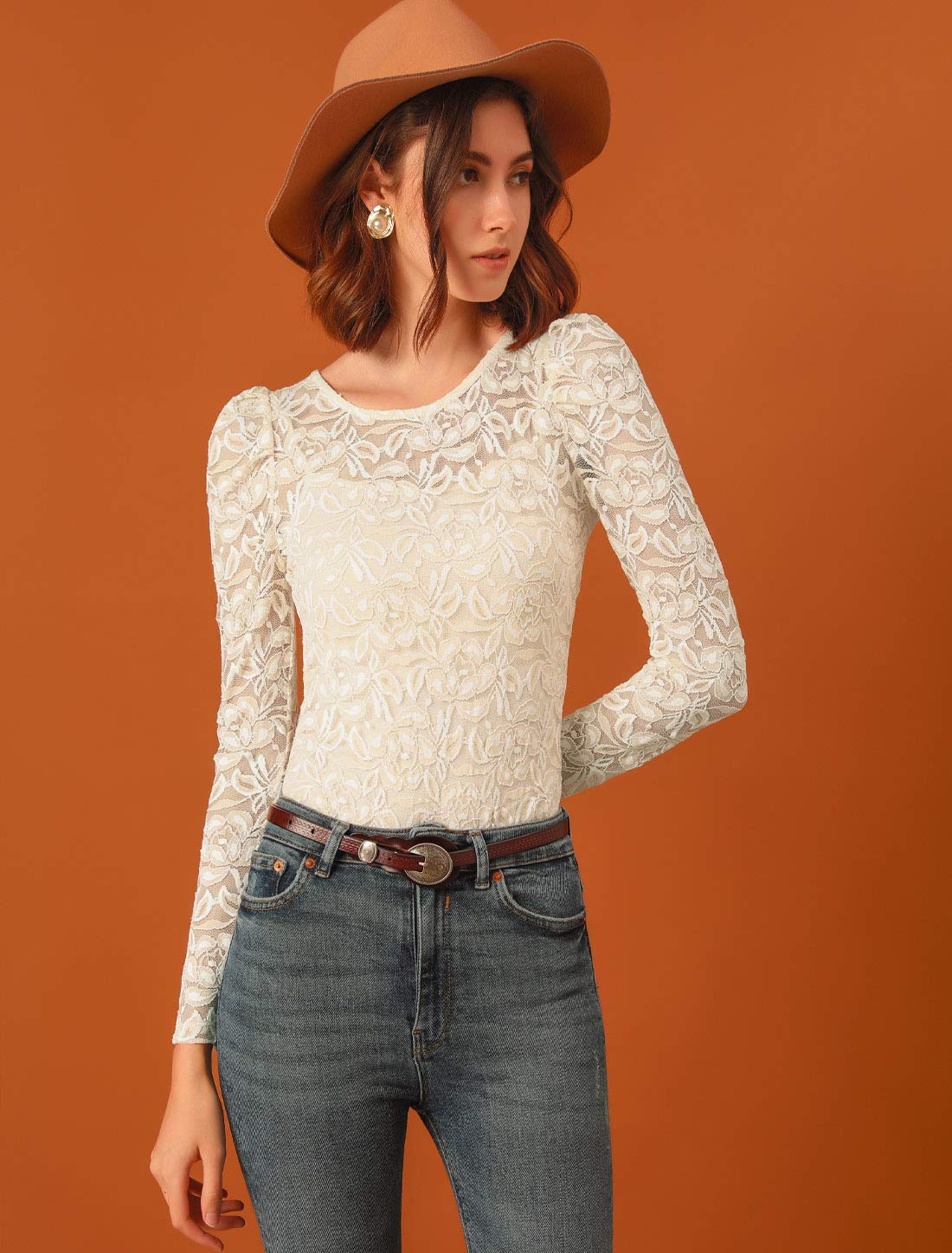 Allegra K Women's Long Sleeve Lace Top Mesh Sheer Fitted Elegant Blouse X-Large Beige