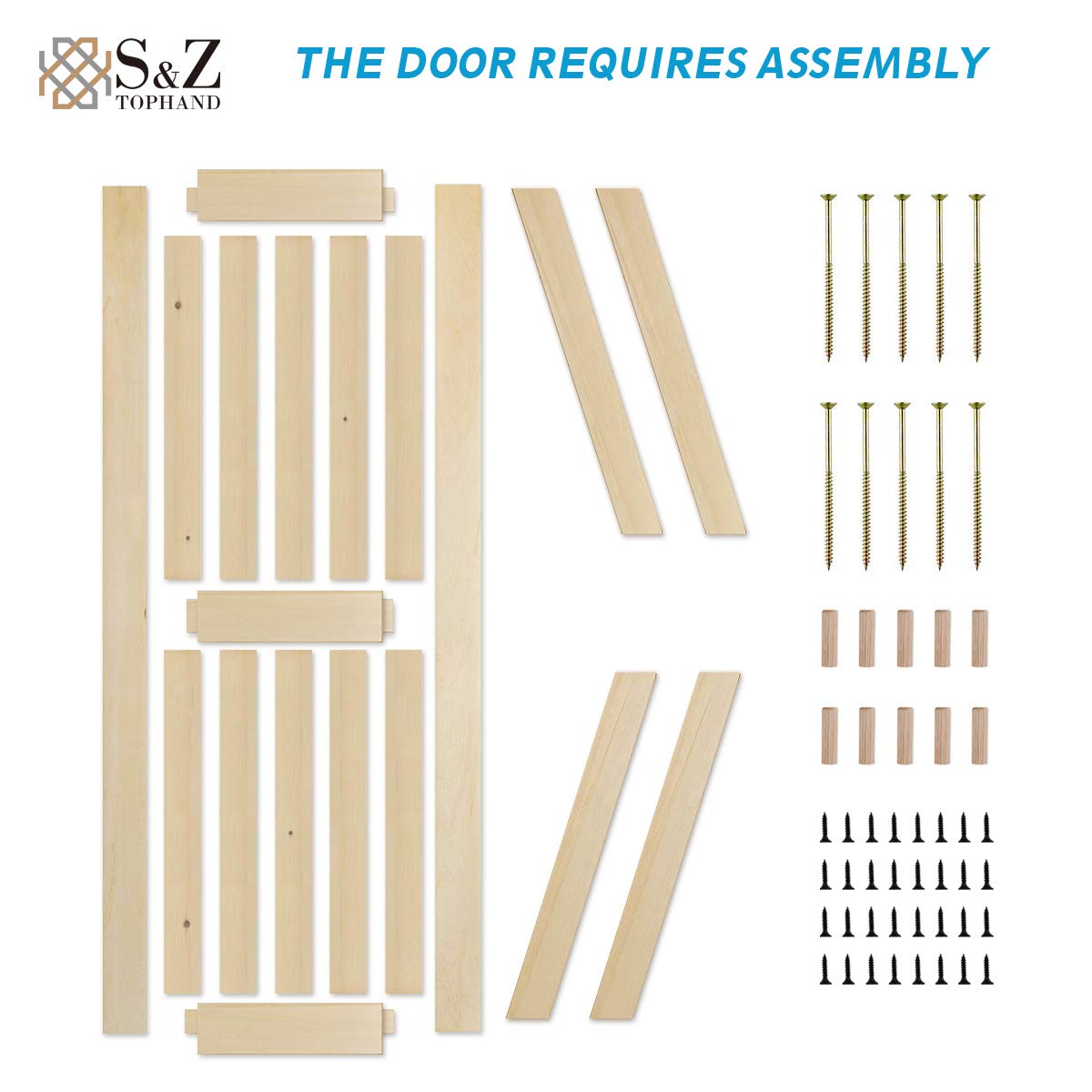 S&Z TOPHAND® 30 in x 84 in. Barn Door, 20-60 in Unfinished British Brace Barn Door/Modern Style/Solid Wood/Sliding Door/Simple Assembly is Required (30in)