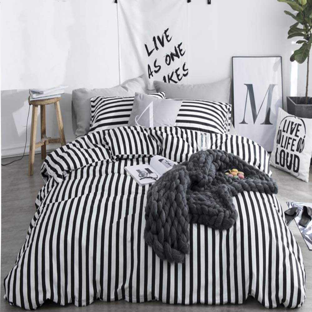 CLOTHKNOW Striped Queen Comforter Set 3Pcs Black White Bedding Comforter Sets Farmhouse Comforter Queen with 2 x Pillowcases