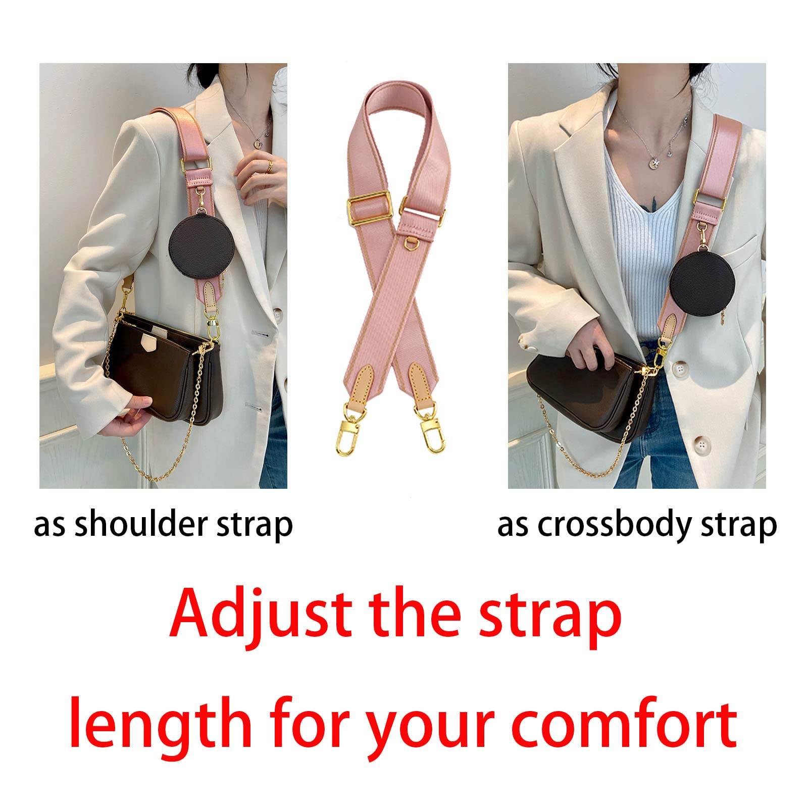 TOURDREAM Multi Pouchette Accessories Adjustable Strap, Crossbody Shoulder Purse Strap Replacement, Wide Luxury Designer Bag Strap (Pink)