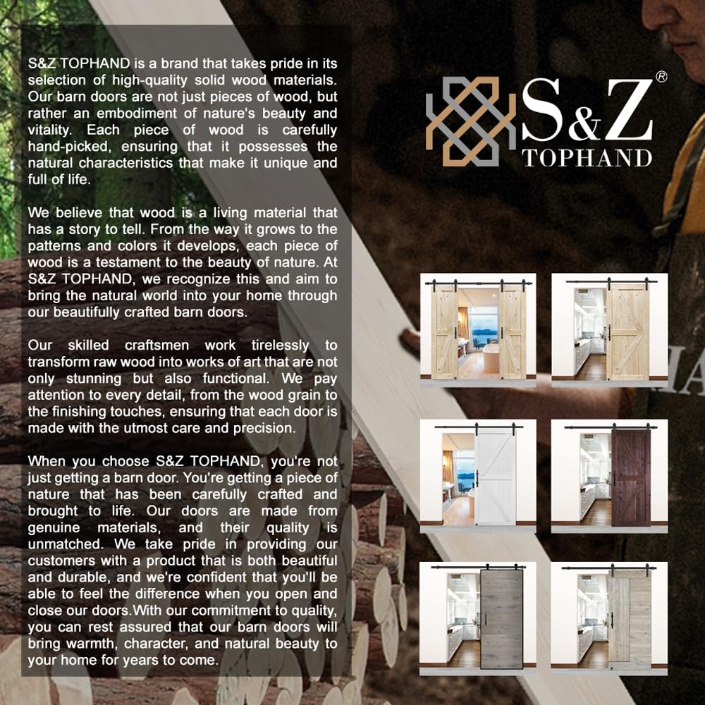 S&Z TOPHAND® 30 in x 84 in. Barn Door, 20-60 in Unfinished British Brace Barn Door/Modern Style/Solid Wood/Sliding Door/Simple Assembly is Required (30in)