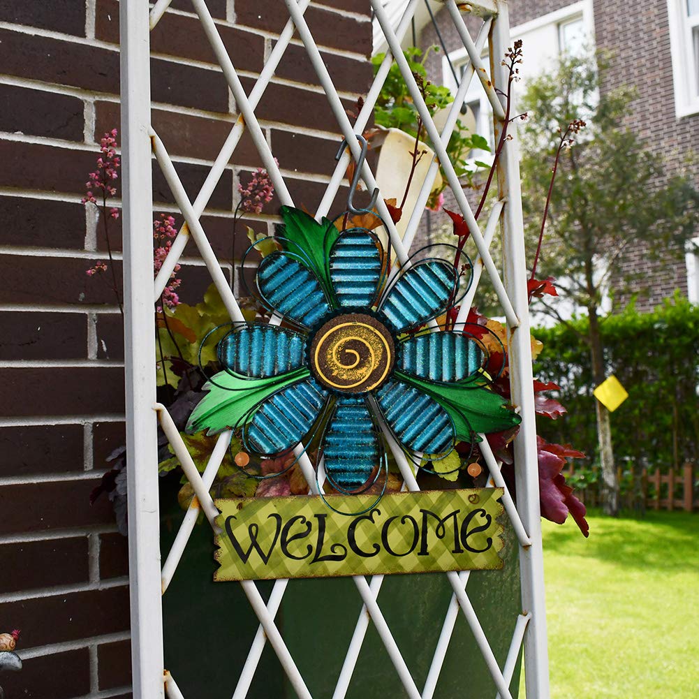 Metal Flower Welcome Signs for Outside Hanging Wall Art Plaque Sign for Front Door Porch Home Decor