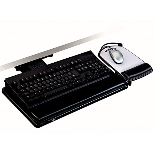3M Keyboard Tray With Adjustable Keyboard And Mouse Platforms, Turn Knob To Adjust Height And Tilt, Swivels And Stores Under Desk, Gel Wrist Rest And Precise Mouse Pad, 17.75" Track, Black (AKT80LE)