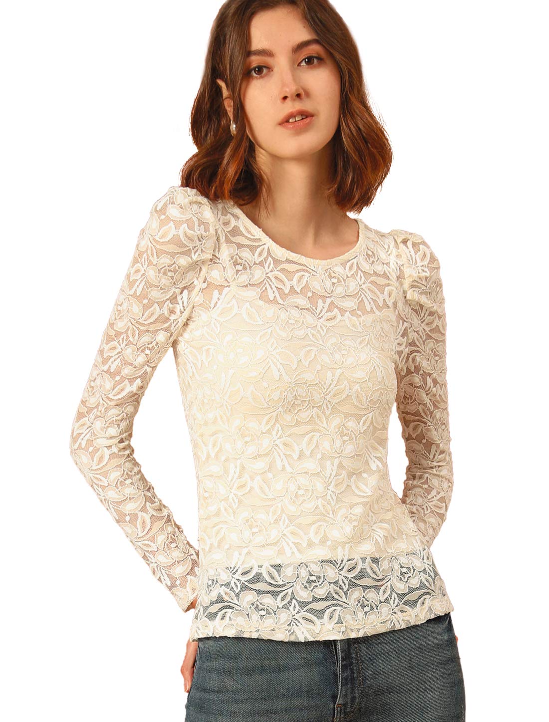 Allegra K Women's Long Sleeve Lace Top Mesh Sheer Fitted Elegant Blouse X-Large Beige