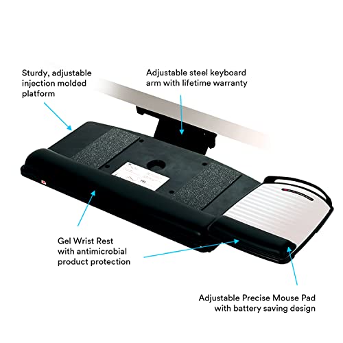 3M Keyboard Tray With Adjustable Keyboard And Mouse Platforms, Turn Knob To Adjust Height And Tilt, Swivels And Stores Under Desk, Gel Wrist Rest And Precise Mouse Pad, 17.75" Track, Black (AKT80LE)