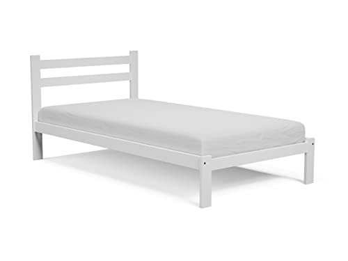 Amazonas Twin XL Size Bed Frame Solid Pine Wood and Hardwood Slats Support White Finish Wooden White Kids Bed Single Suitable for Boys Girls Teen Bedroom Wooden Bed Frame