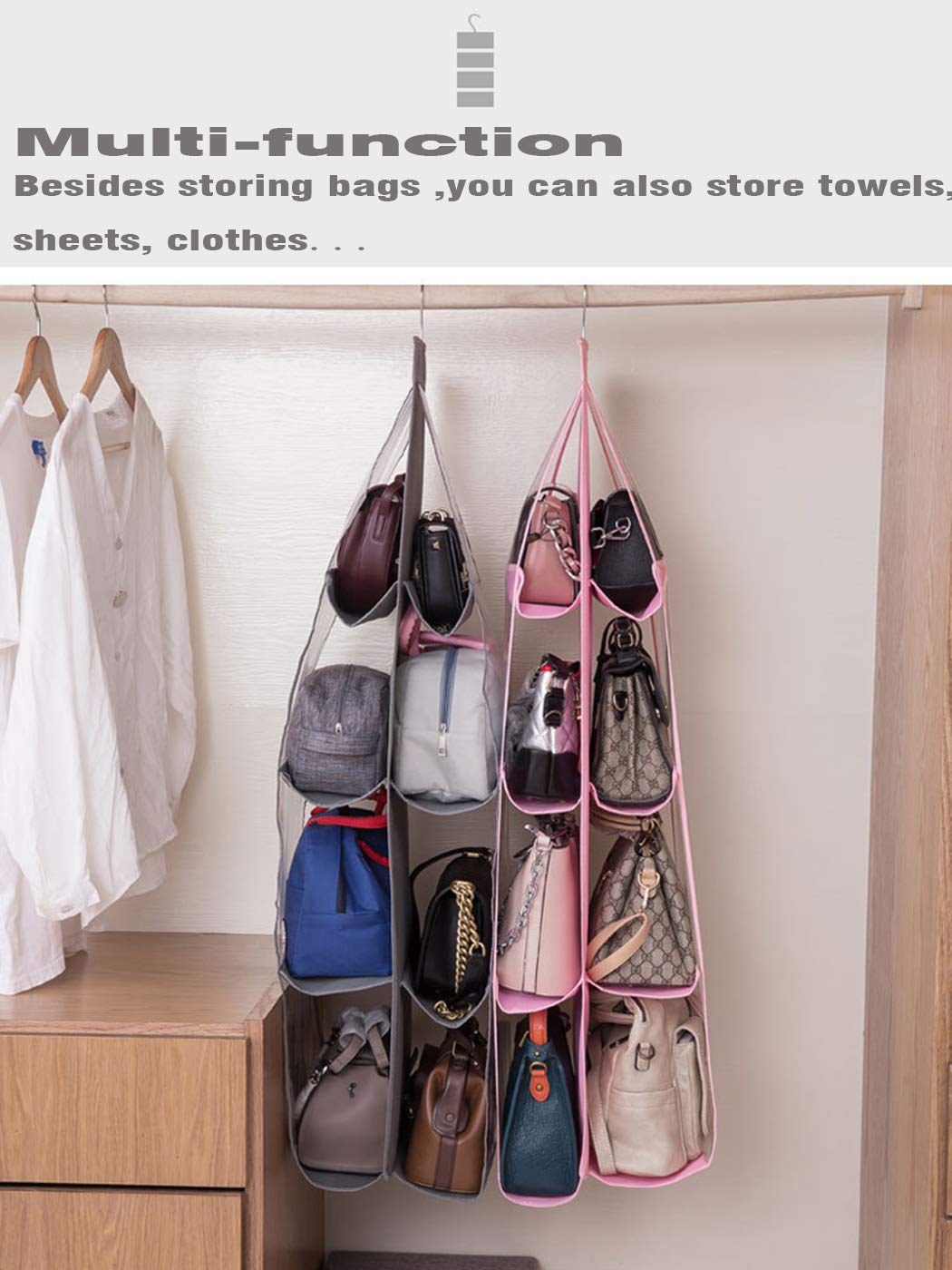 AARAINBOW 1 Pack Hanging Handbag Purse Organizer for Closet, Womens Purse Storage Organizers, Hand Bag Organizer Holder, Wardrobe Purse Organizer 8 Pockets Space Saving 41 L x 13.5W (B-Black)