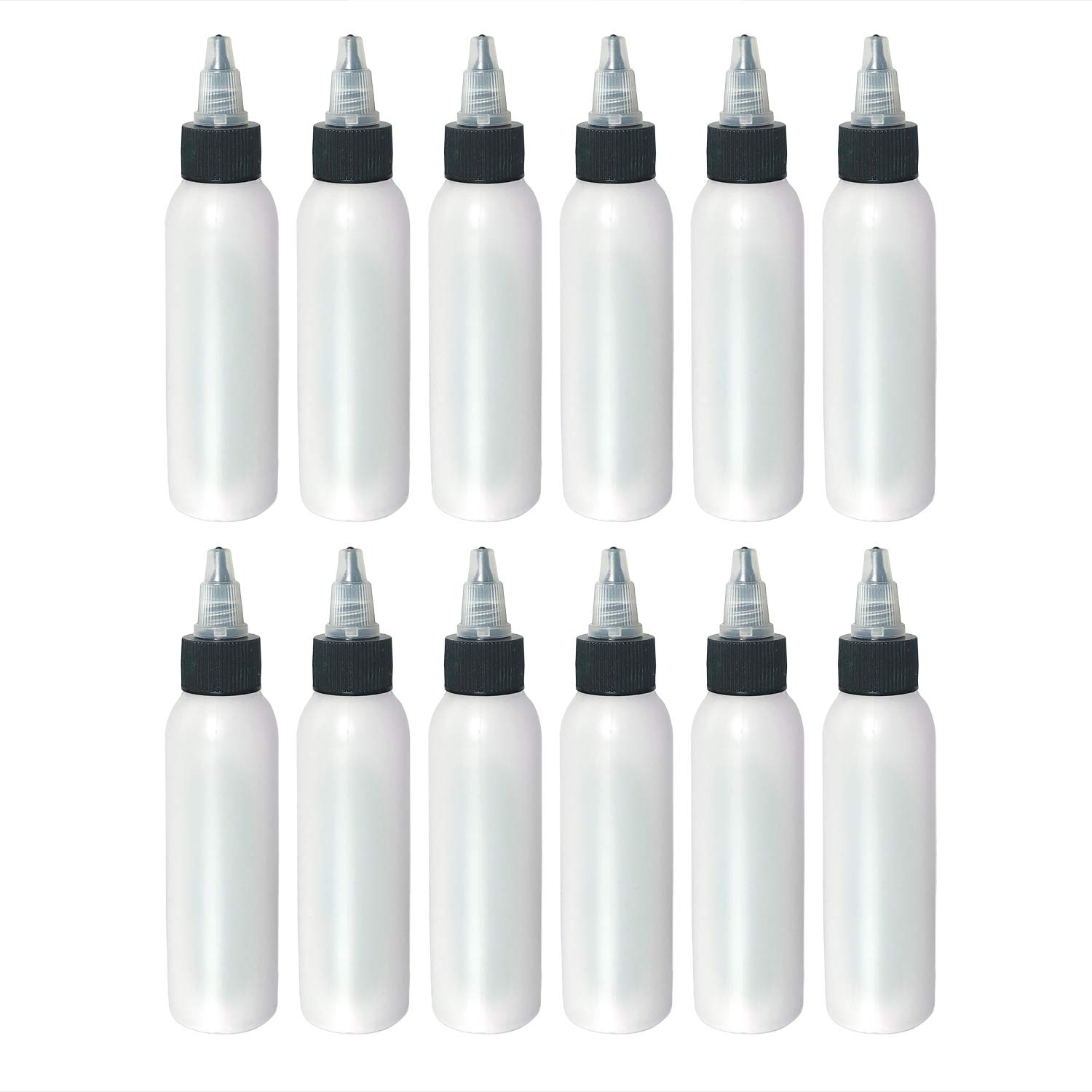 510 Central Cosmo Bottles with Twist Top Dispensing Caps (2oz, 12 pack) - HDPE Plastic Bullet Shape - Made in USA