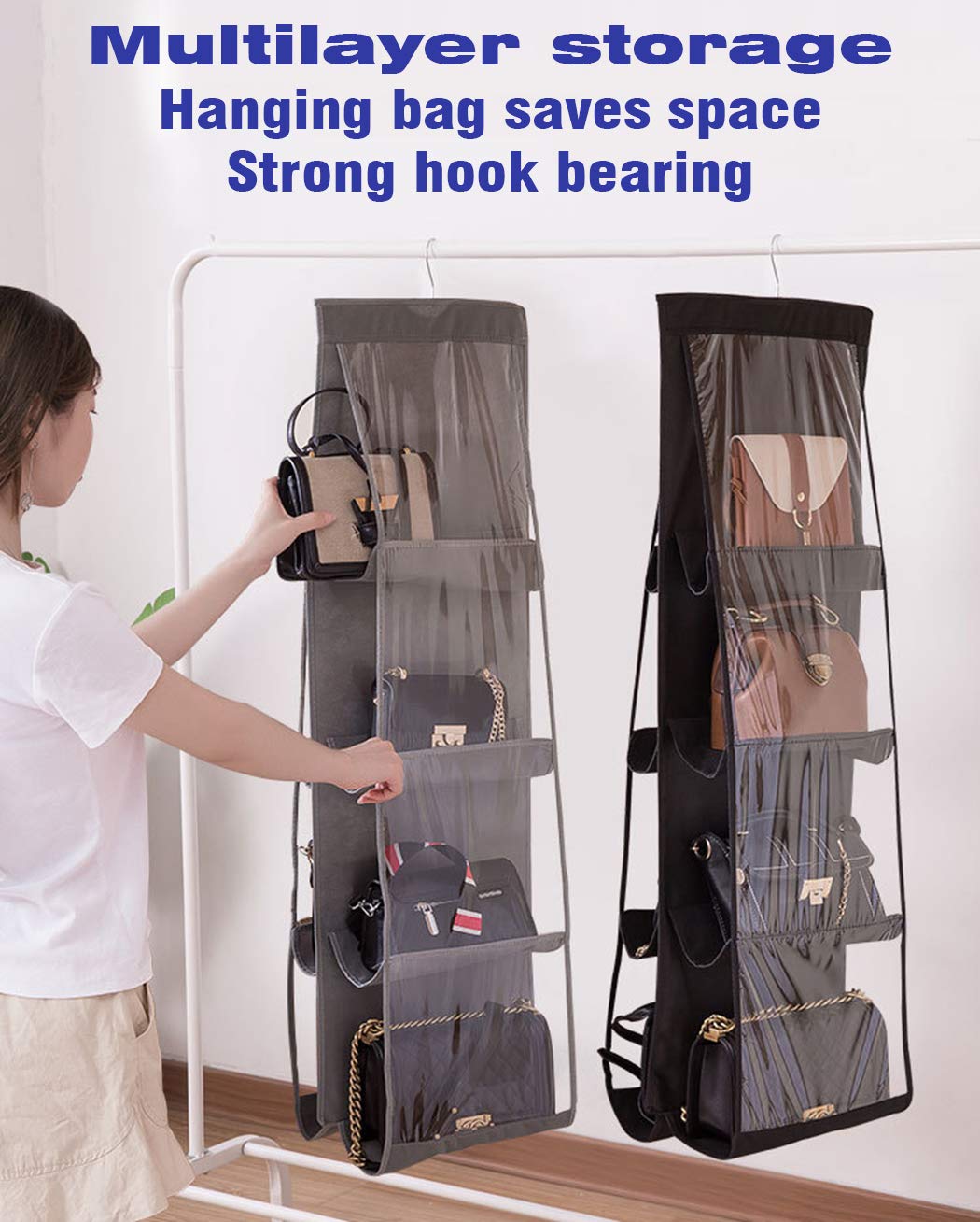 AARAINBOW 1 Pack Hanging Handbag Purse Organizer for Closet, Womens Purse Storage Organizers, Hand Bag Organizer Holder, Wardrobe Purse Organizer 8 Pockets Space Saving 41 L x 13.5W (B-Black)