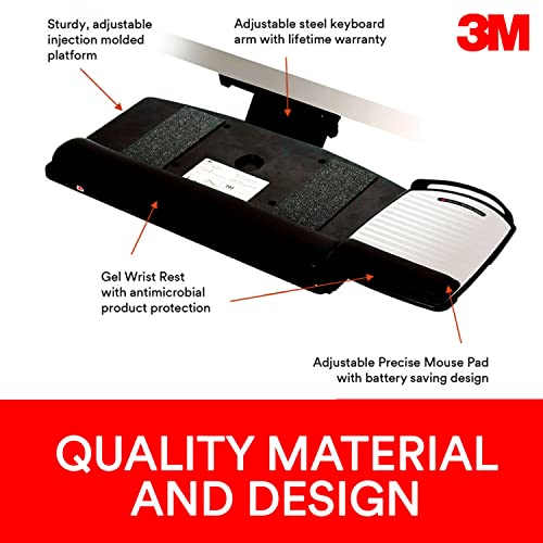 3M Keyboard Tray With Adjustable Keyboard And Mouse Platforms, Turn Knob To Adjust Height And Tilt, Swivels And Stores Under Desk, Gel Wrist Rest And Precise Mouse Pad, 17.75" Track, Black (AKT80LE)