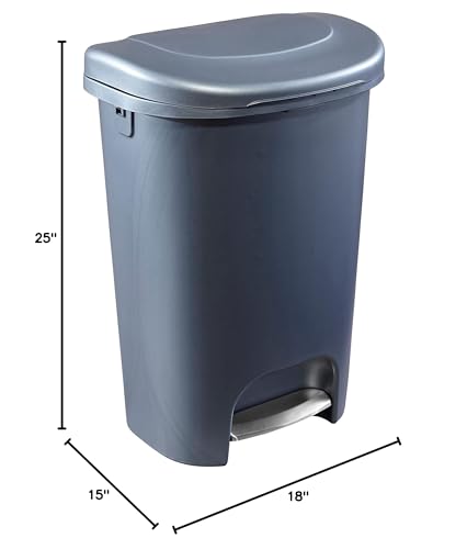 Rubbermaid Classic 13 Gallon Trash Can with Lid and Stainless-Steel Pedal, Gunmetal Blue Waste Bin for Kitchen, NEW Premium Step-On