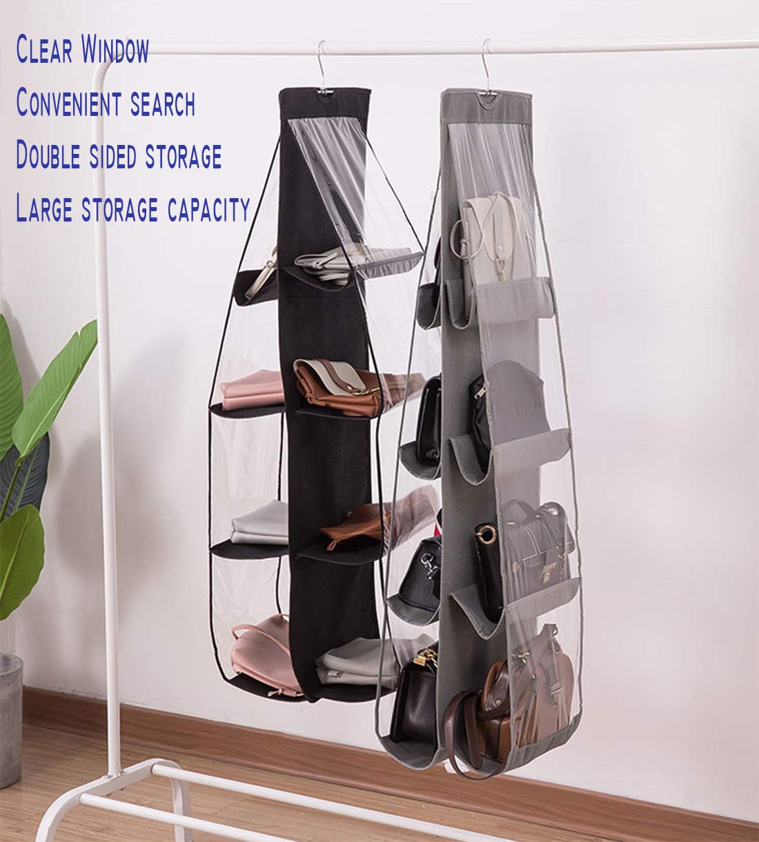 AARAINBOW 1 Pack Hanging Handbag Purse Organizer for Closet, Womens Purse Storage Organizers, Hand Bag Organizer Holder, Wardrobe Purse Organizer 8 Pockets Space Saving 41 L x 13.5W (B-Black)