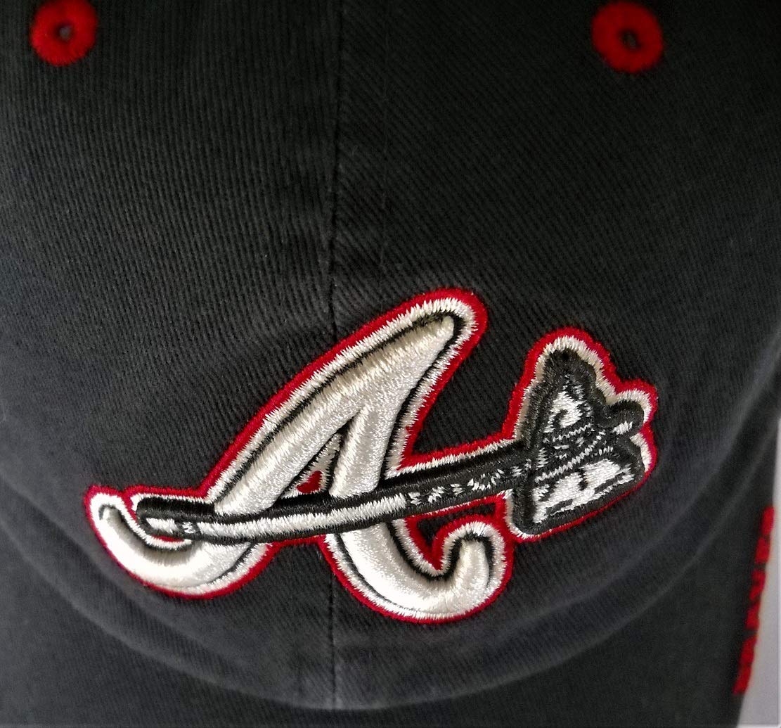 Atlanta Braves Unisex Adult Adjustable Low Profile Charcoal Gray Cap Hat with White and Black Embroidered A/Tomahawk Logo and Stitched Red Nickname on Bill
