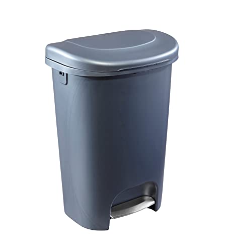 Rubbermaid Classic 13 Gallon Trash Can with Lid and Stainless-Steel Pedal, Gunmetal Blue Waste Bin for Kitchen, NEW Premium Step-On