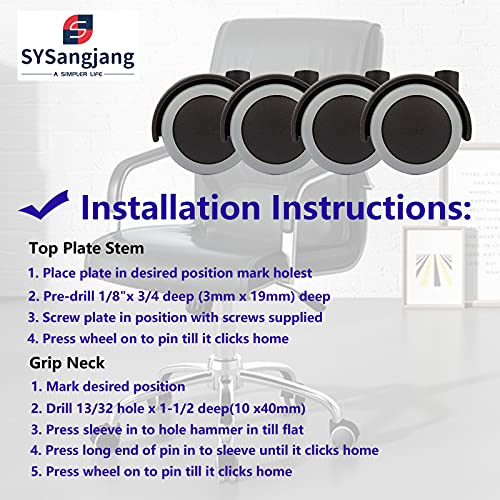 SYSanjang SYTX-324 2" (Set of 4) Floor Protector Rubber Caster Wheels (5/16 Inch Stem/Top Plate Mounting Options)