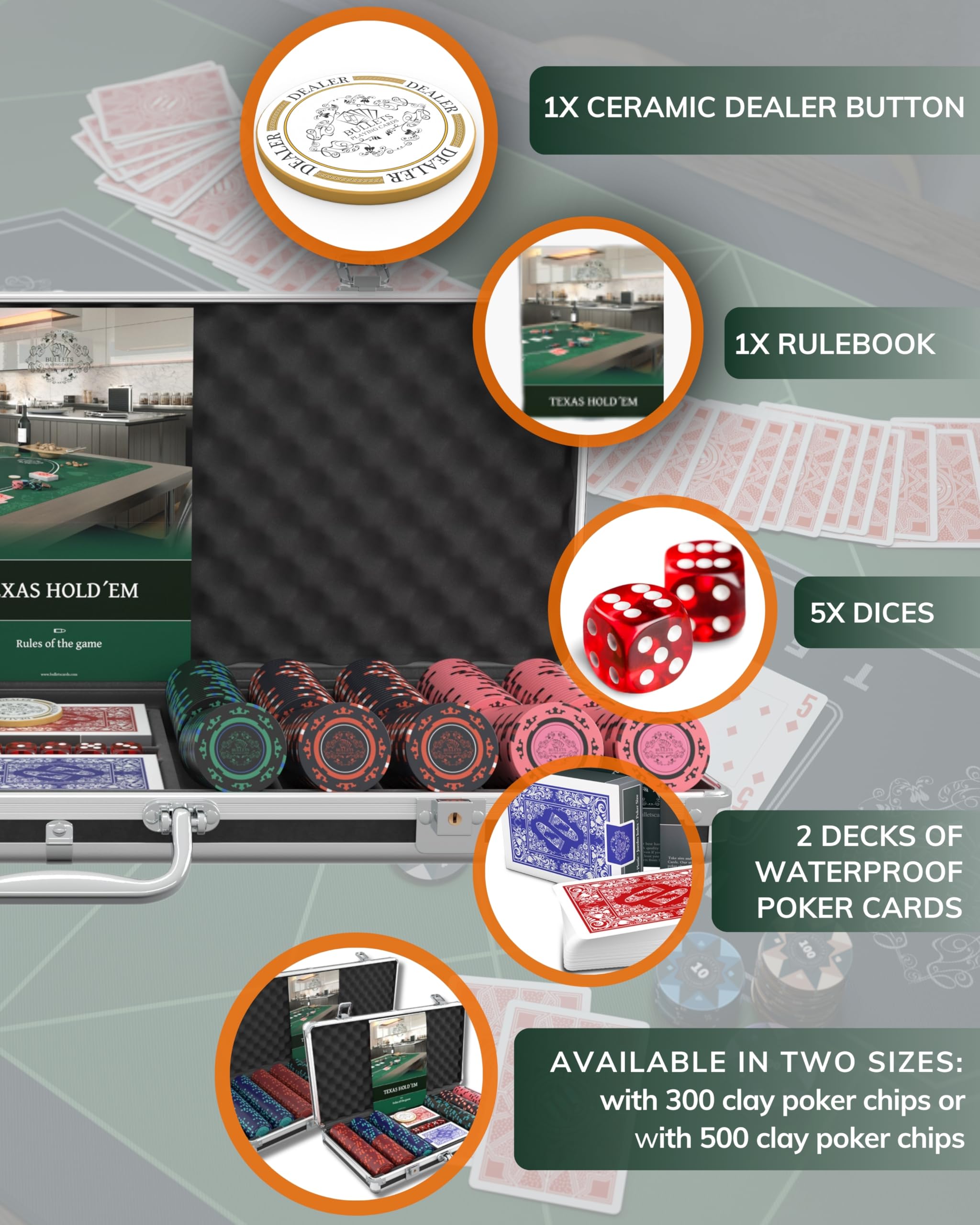 Bullets Poker Set – Complete Chip Set with Case, Playing Cards, Dices, and Travel Case – Professional for Texas Hold'em, Blackjack, Poker Games, and Casino Chips, 500 Clay 'Corrado' Chips.