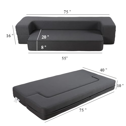 HonTop 10 Inch Folding Sofa Bed Couch with 2 Pillows Modern Futon Memory Foam Sleeper Chair for Guest Mattress, Twin Size, Grey