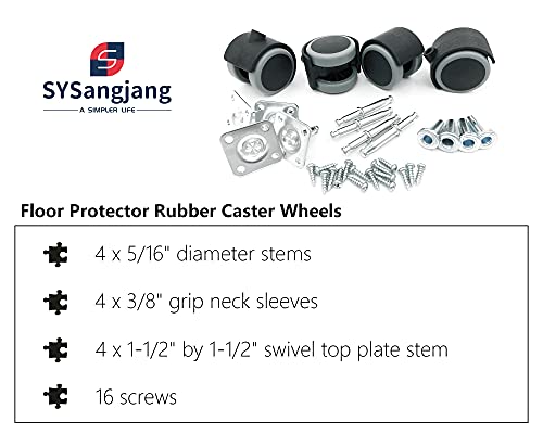 SYSanjang SYTX-324 2" (Set of 4) Floor Protector Rubber Caster Wheels (5/16 Inch Stem/Top Plate Mounting Options)