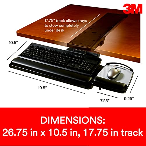 3M Keyboard Tray With Adjustable Keyboard And Mouse Platforms, Turn Knob To Adjust Height And Tilt, Swivels And Stores Under Desk, Gel Wrist Rest And Precise Mouse Pad, 17.75" Track, Black (AKT80LE)
