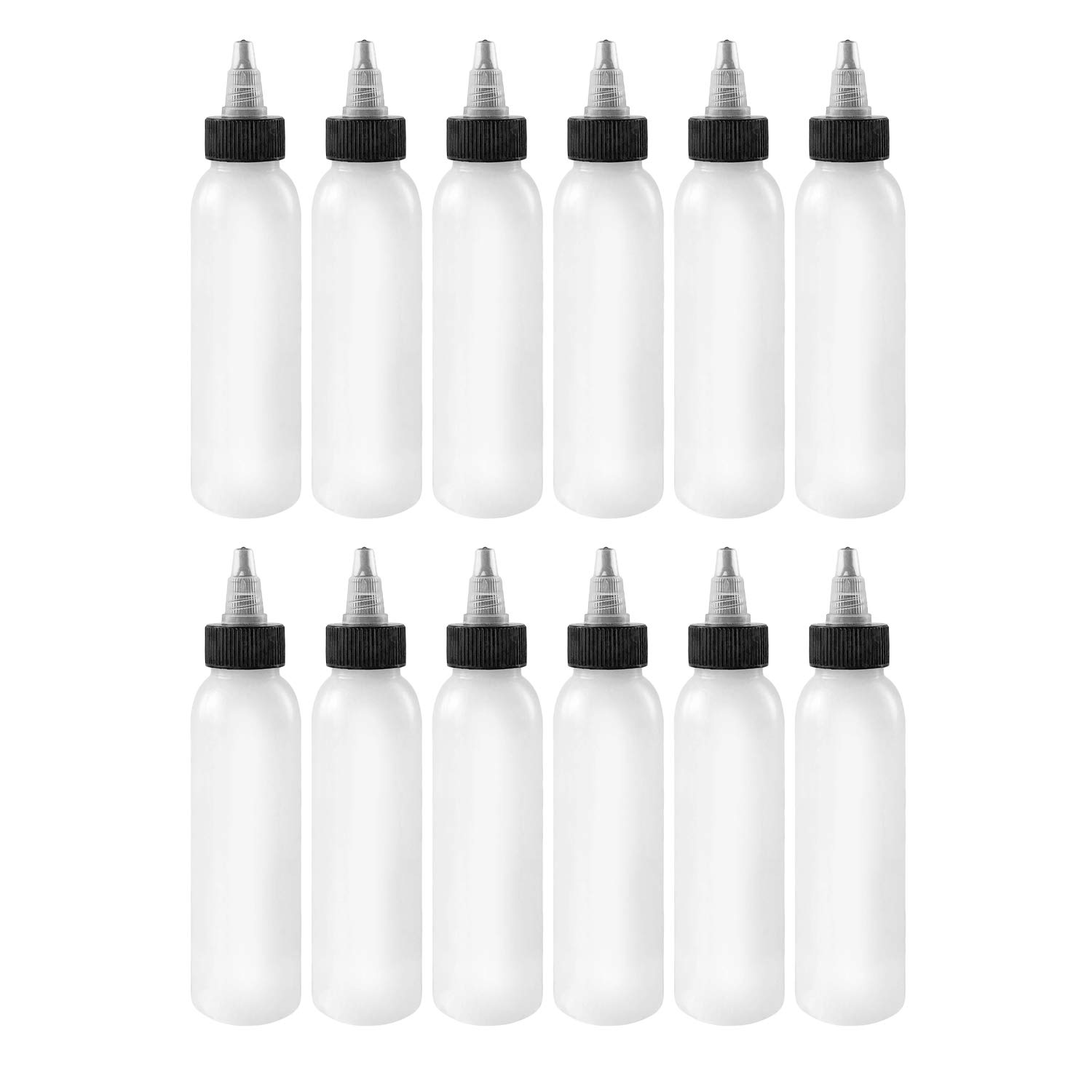 510 Central Cosmo Bottles with Twist Top Dispensing Caps (4oz, 12 pack) - HDPE Plastic Bullet Shape - Made in USA