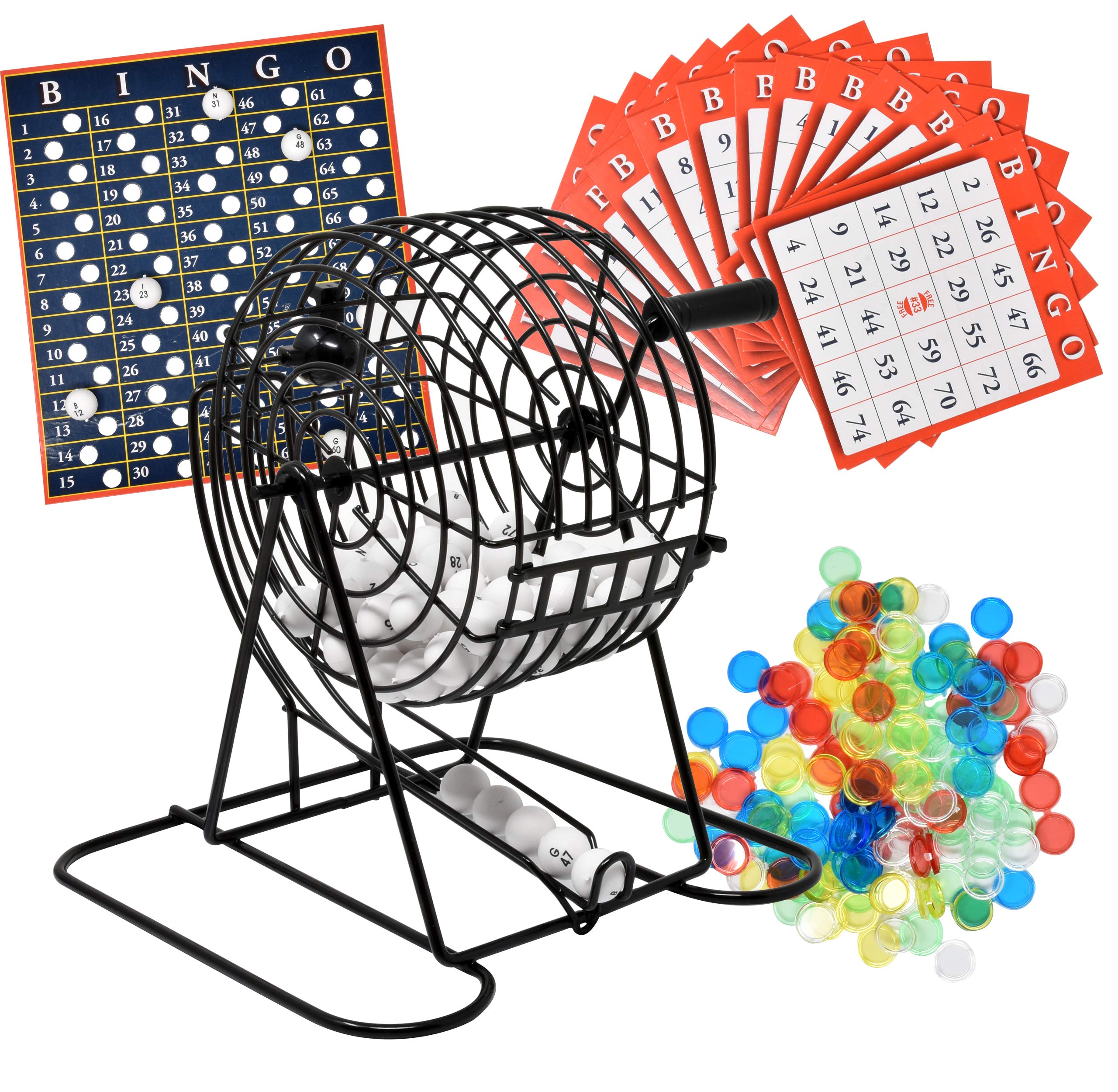Deluxe Bingo Game Set with Metal Bingo Cage Spinner, 75 Numbered Balls, Master Bingo Board, 18 Bingo Cards and 150 Chips, for Adults, Seniors, Kids and Family