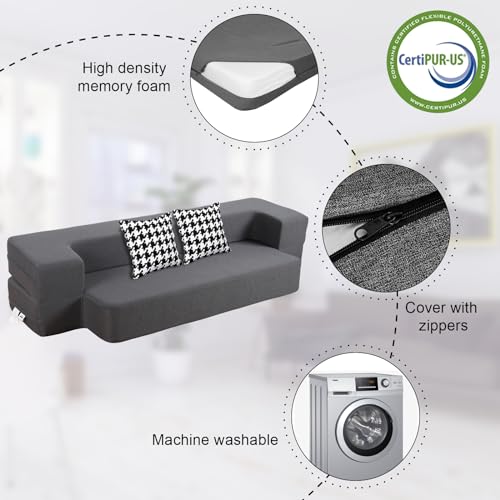 HonTop 10 Inch Folding Sofa Bed Couch with 2 Pillows Modern Futon Memory Foam Sleeper Chair for Guest Mattress, Twin Size, Grey