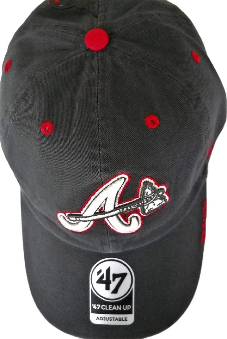 Atlanta Braves Unisex Adult Adjustable Low Profile Charcoal Gray Cap Hat with White and Black Embroidered A/Tomahawk Logo and Stitched Red Nickname on Bill