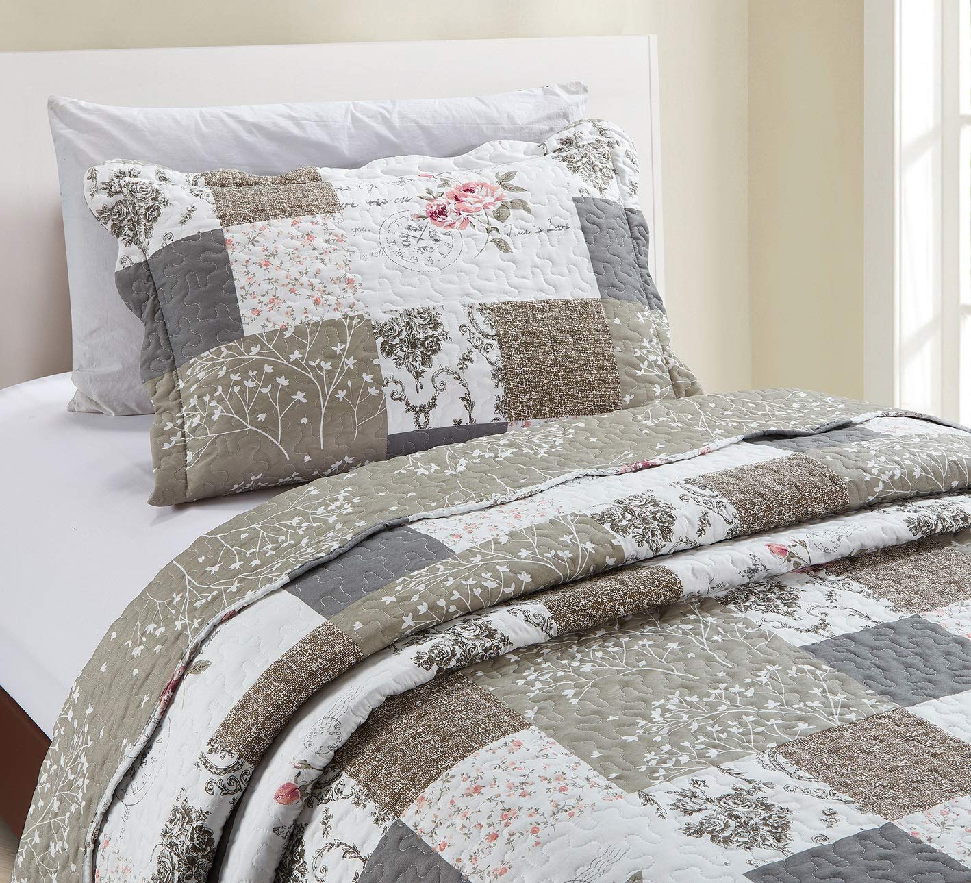 Brilliant Sunshine Roses and Toile Quilt Set, 2-Piece Bedding Sets with 1 Sham, Patchwork Design, Washable and Reversible Bedspread, Soft Lightweight Coverlet, All-Season, Twin/Twin XL, Rose Grey