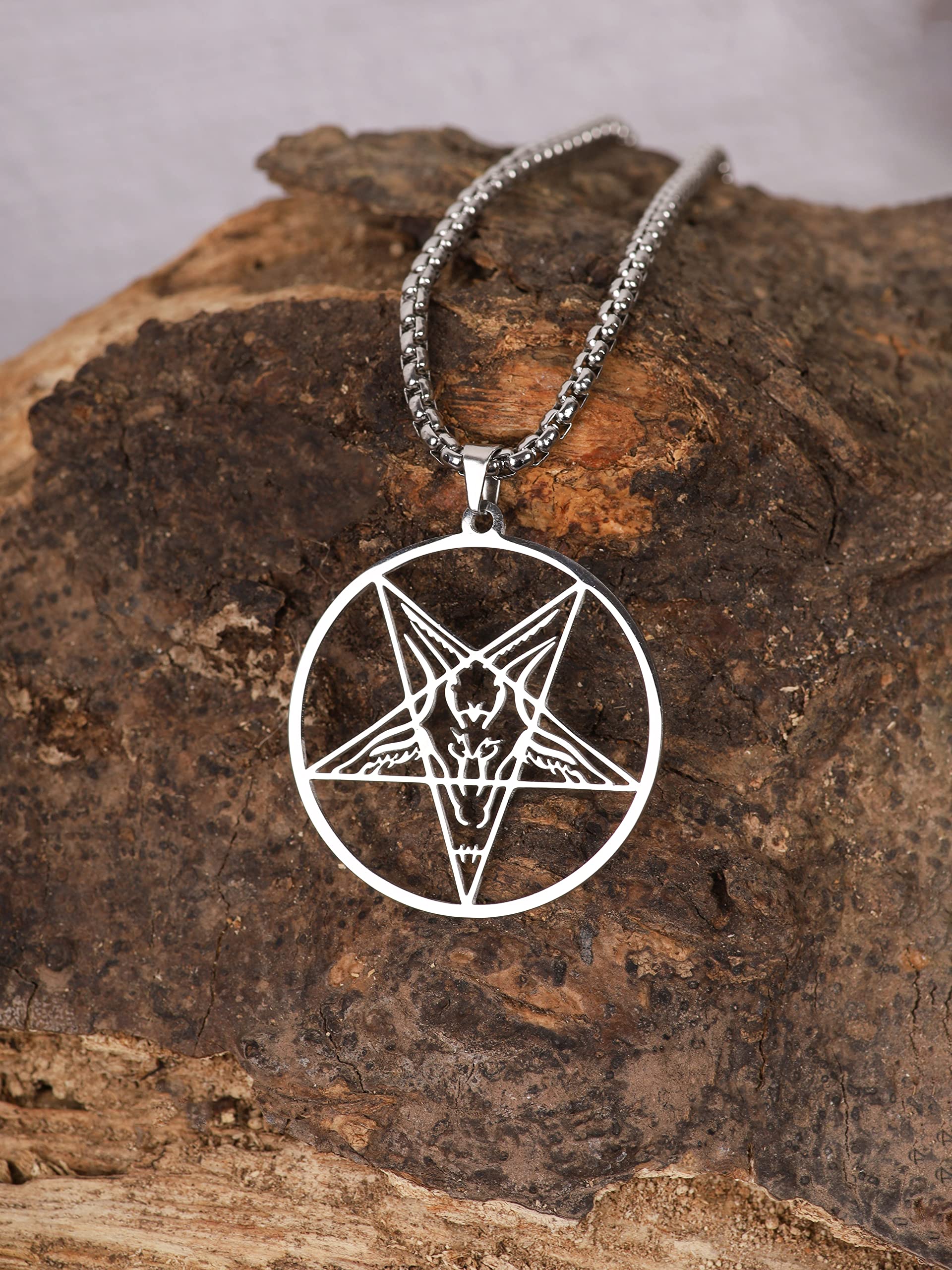 HAQUIL Satanic Necklace, Stainless Steel Hollow Sigil of Baphomet Pendant, Box Chain, Satanic Jewelry