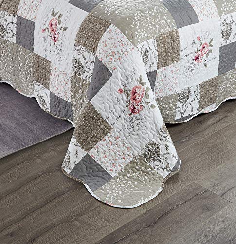 Brilliant Sunshine Roses and Toile Quilt Set, 2-Piece Bedding Sets with 1 Sham, Patchwork Design, Washable and Reversible Bedspread, Soft Lightweight Coverlet, All-Season, Twin/Twin XL, Rose Grey