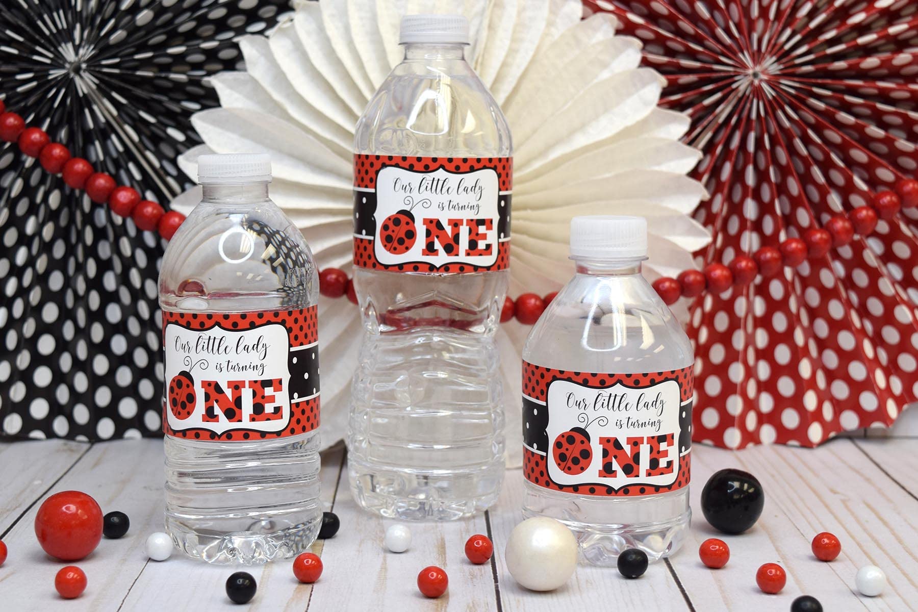 Red Ladybug First Birthday Party Waterproof Water Bottle Sticker Wrappers, 20 1.75" x 8.5" Wrap Around Labels by AmandaCreation