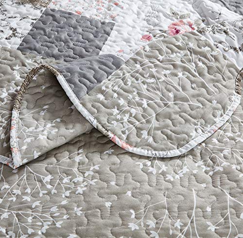 Brilliant Sunshine Roses and Toile Quilt Set, 2-Piece Bedding Sets with 1 Sham, Patchwork Design, Washable and Reversible Bedspread, Soft Lightweight Coverlet, All-Season, Twin/Twin XL, Rose Grey