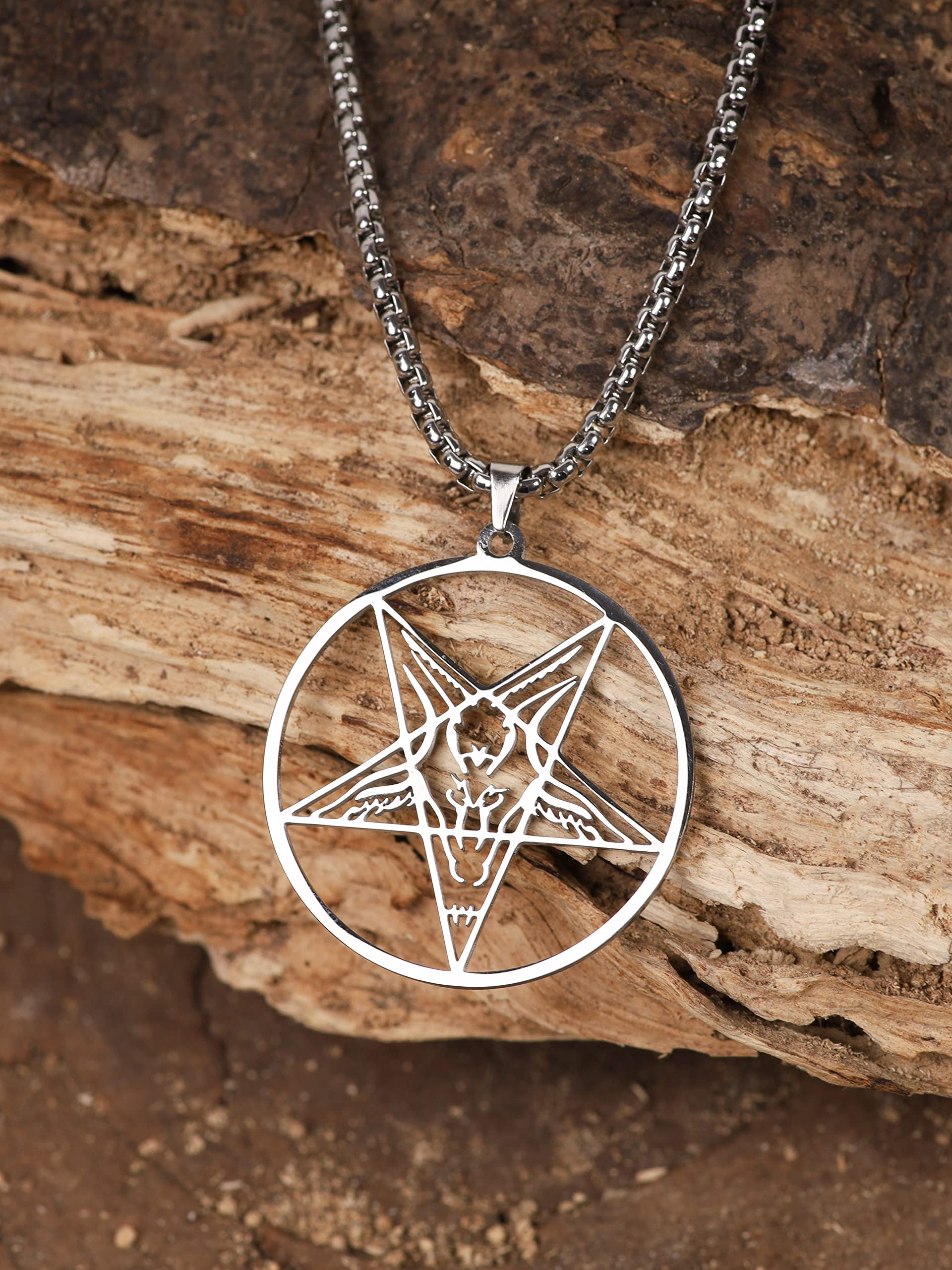 HAQUIL Satanic Necklace, Stainless Steel Hollow Sigil of Baphomet Pendant, Box Chain, Satanic Jewelry