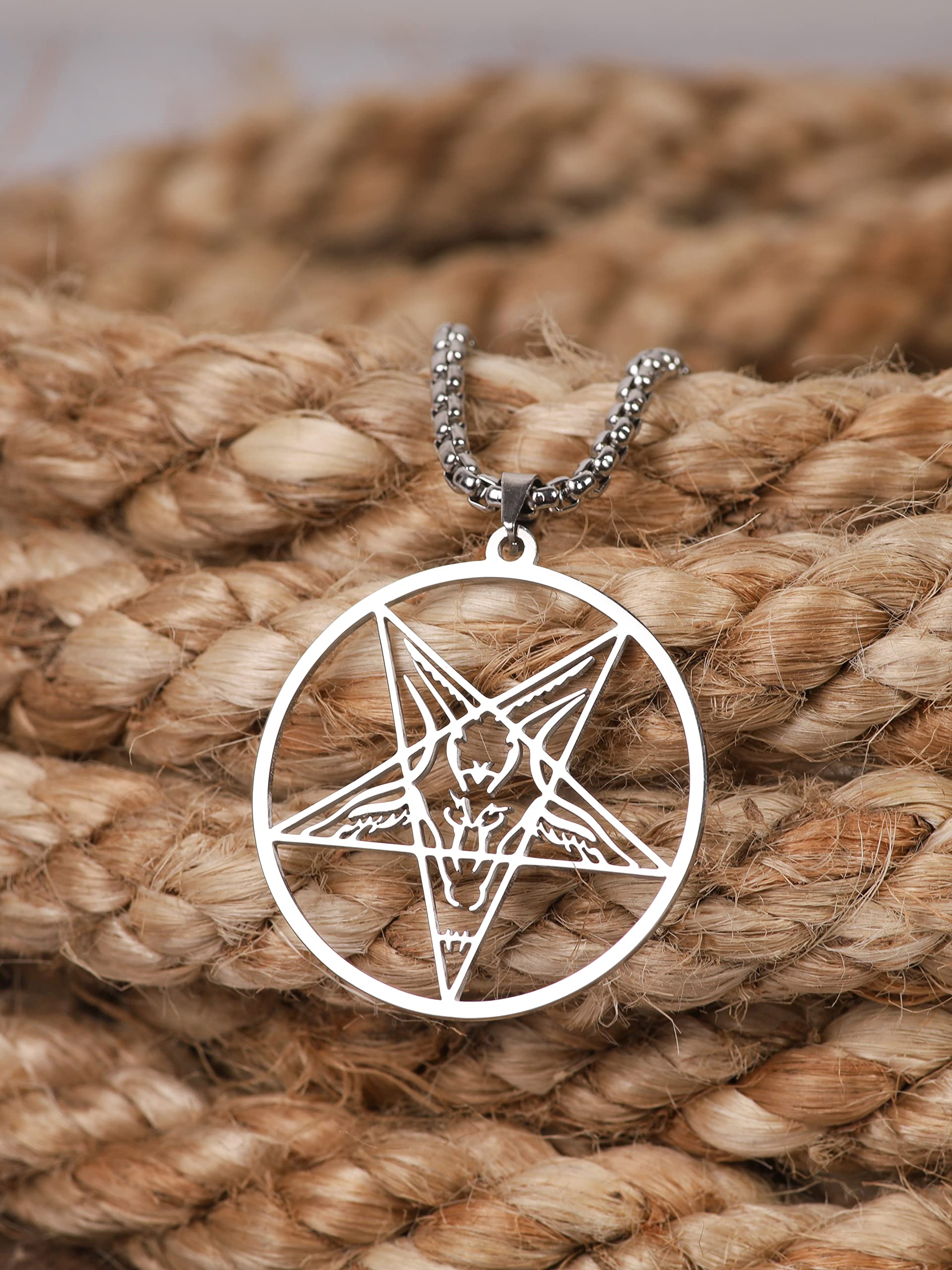 HAQUIL Satanic Necklace, Stainless Steel Hollow Sigil of Baphomet Pendant, Box Chain, Satanic Jewelry
