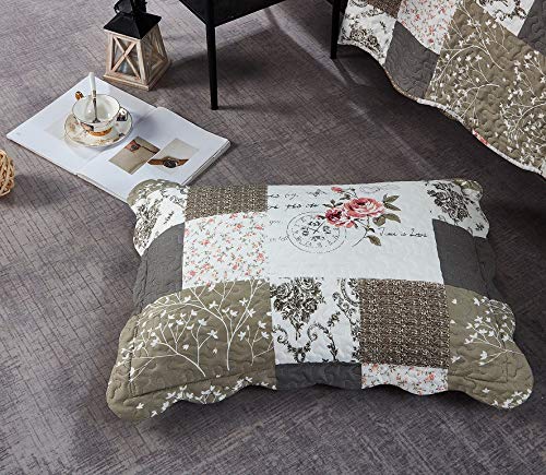 Brilliant Sunshine Roses and Toile Quilt Set, 2-Piece Bedding Sets with 1 Sham, Patchwork Design, Washable and Reversible Bedspread, Soft Lightweight Coverlet, All-Season, Twin/Twin XL, Rose Grey