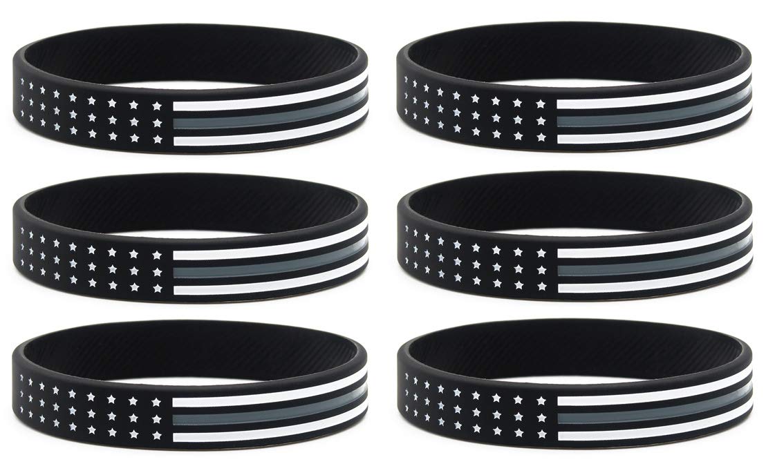 Inkstone (6-pack) Thin Grey Line American Flag Bracelets - Bulk Pack of 6 Thin Gray Line Silicone Rubber Wristbands for Corrections Officers - Accessories Gifts for Correctional Officers Men Women