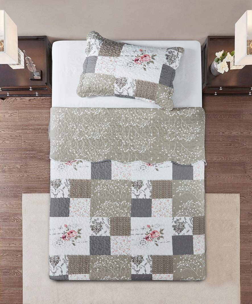 Brilliant Sunshine Roses and Toile Quilt Set, 2-Piece Bedding Sets with 1 Sham, Patchwork Design, Washable and Reversible Bedspread, Soft Lightweight Coverlet, All-Season, Twin/Twin XL, Rose Grey