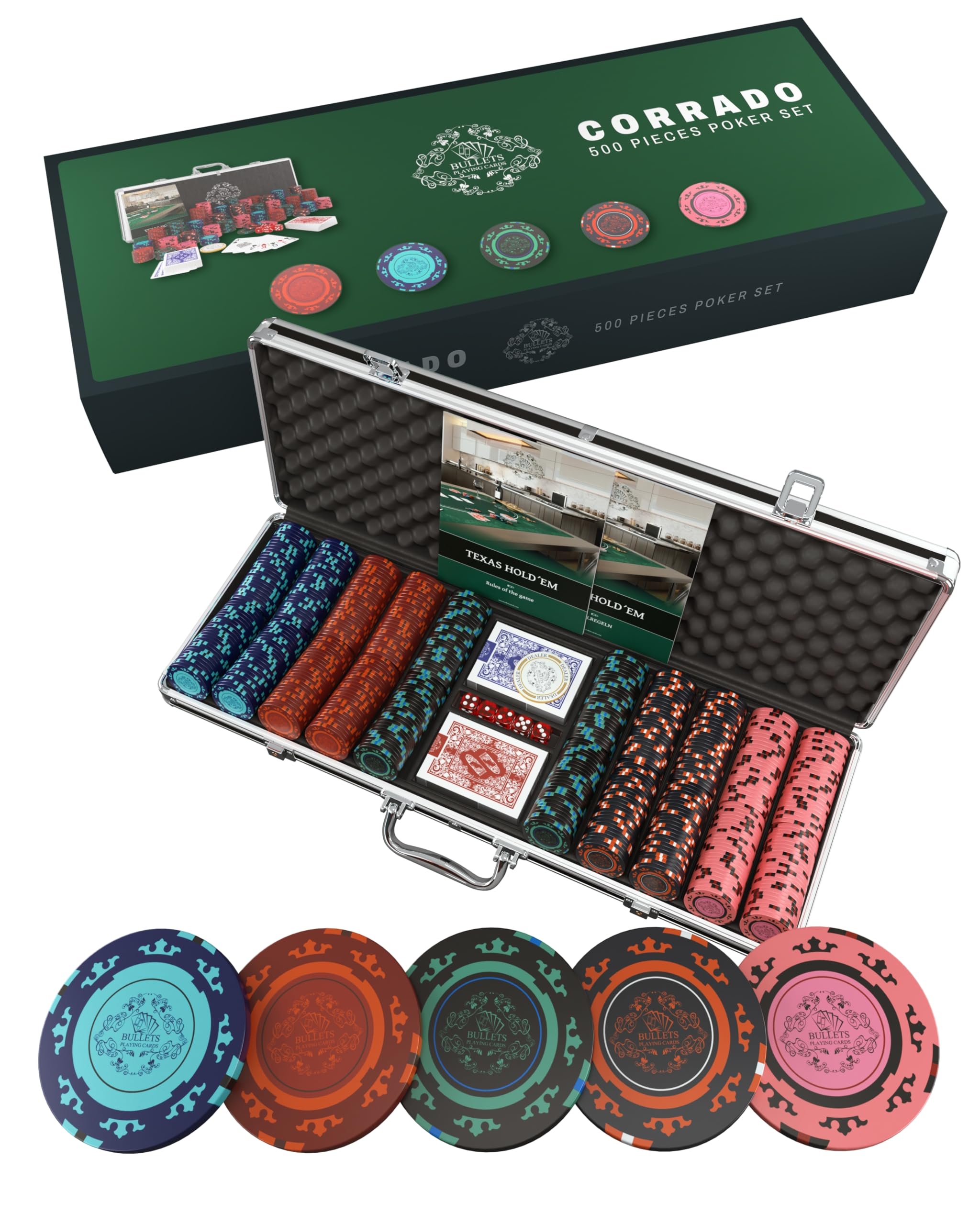Bullets Poker Set – Complete Chip Set with Case, Playing Cards, Dices, and Travel Case – Professional for Texas Hold'em, Blackjack, Poker Games, and Casino Chips, 500 Clay 'Corrado' Chips.