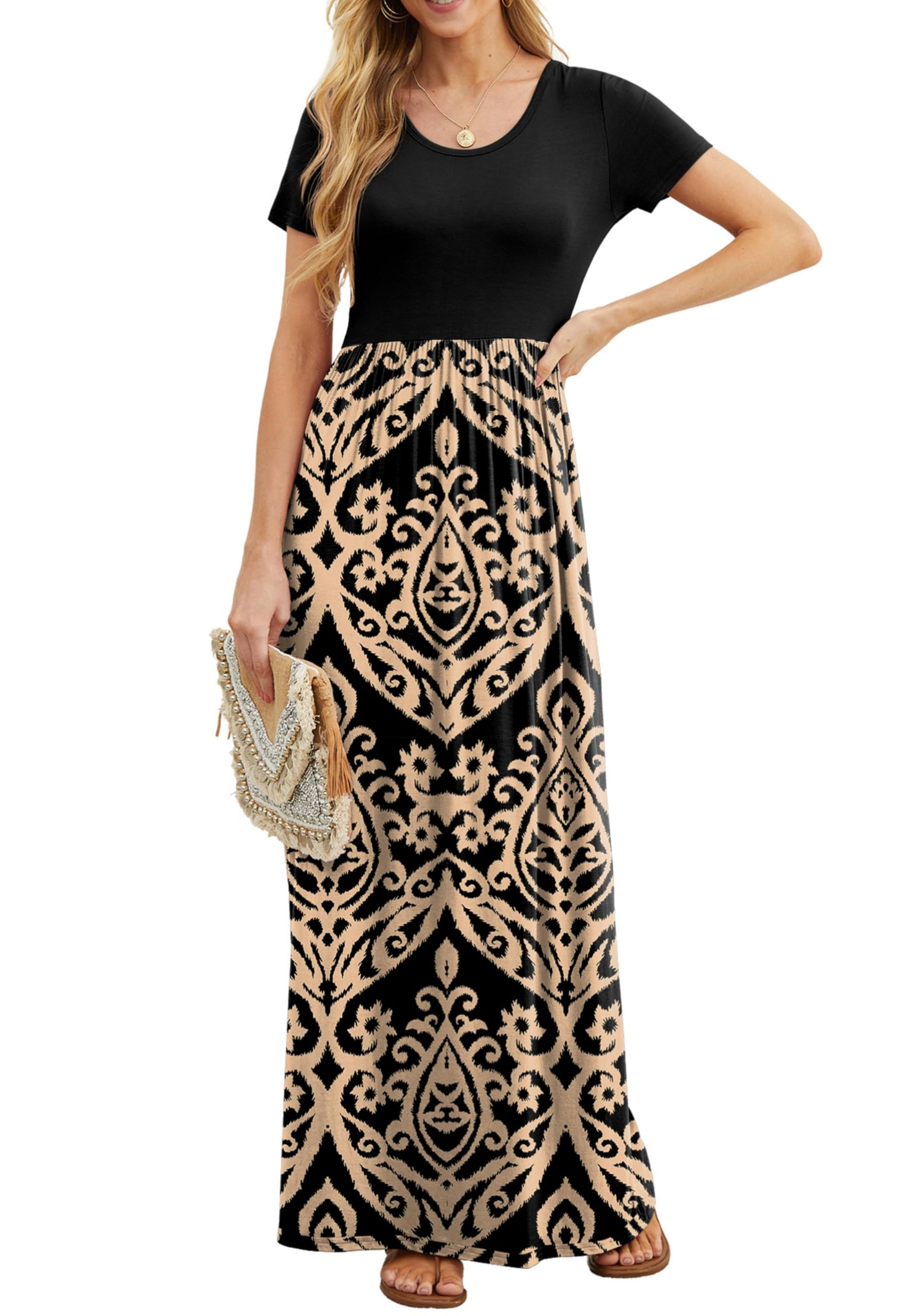 GRECERELLE Womens Summer Maxi Dress Casual Soft Loose Long Dresses for Graduation Resort Hawaiian M, Boho Khaki